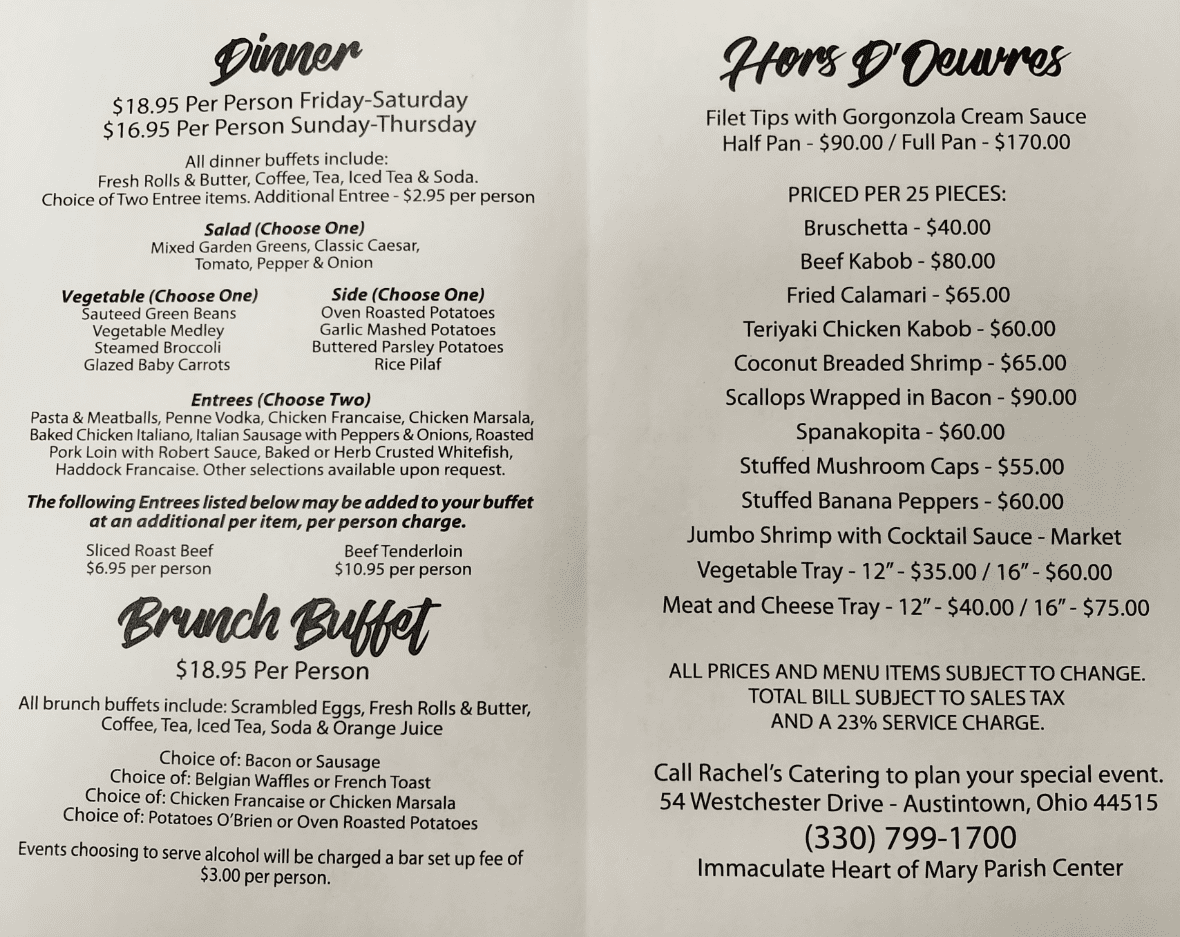 Parish Center Menu – St. Blaise